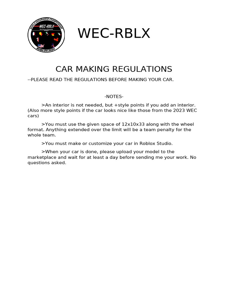 Roblox Car Making Regulations Guide | PDF | Car Body Styles ...