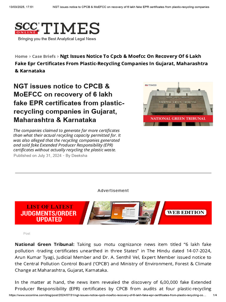 NGT Issues Notice To CPCB & MoEFCC On Recovery of 6 Lakh Fake EPR ...