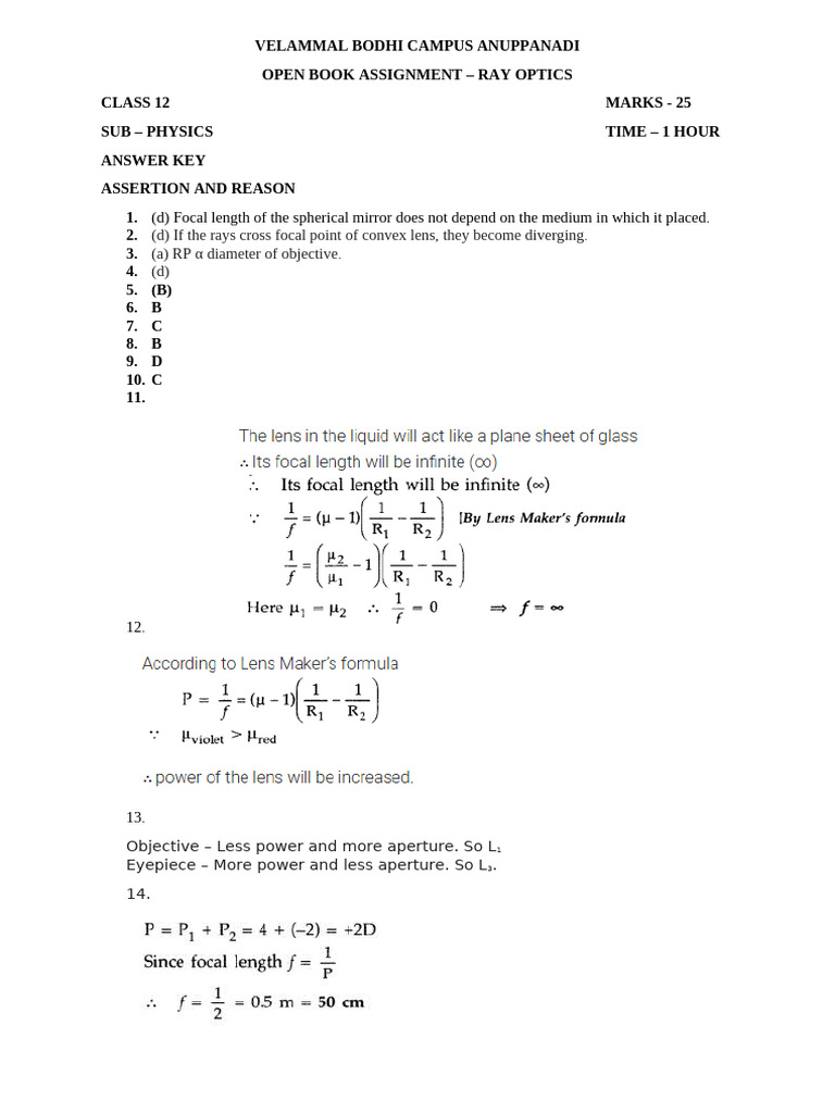 Obt - 1 - Ray Optics - Ans | PDF