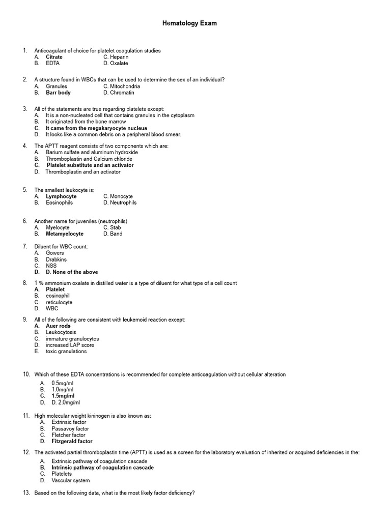 Hema-Exam-250-items.docx | PDF | Coagulation | Platelet