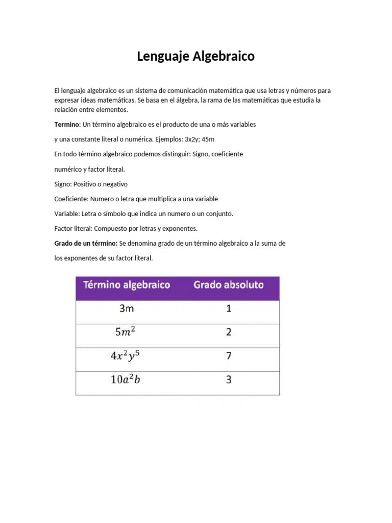 Lenguaje Algebraico | PDF