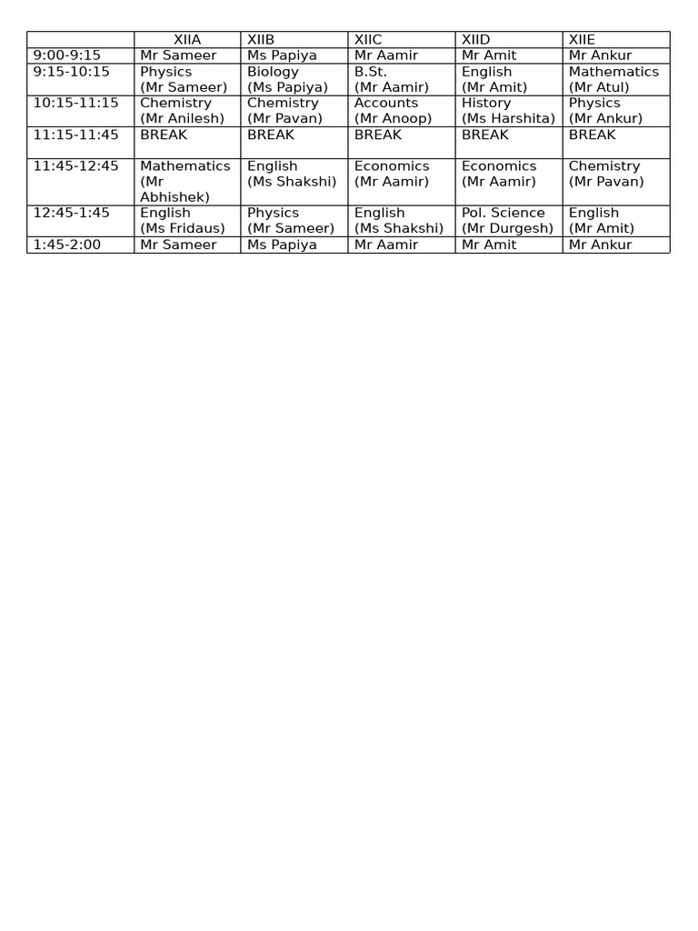 Time Table Class 12 | PDF