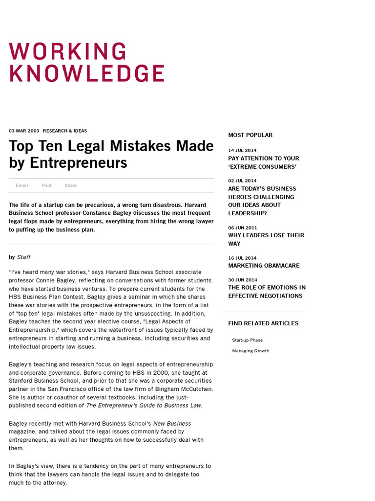 HBS Working Knowledge - Top Ten Legal Mistakes Made by Entrepreneurs ...