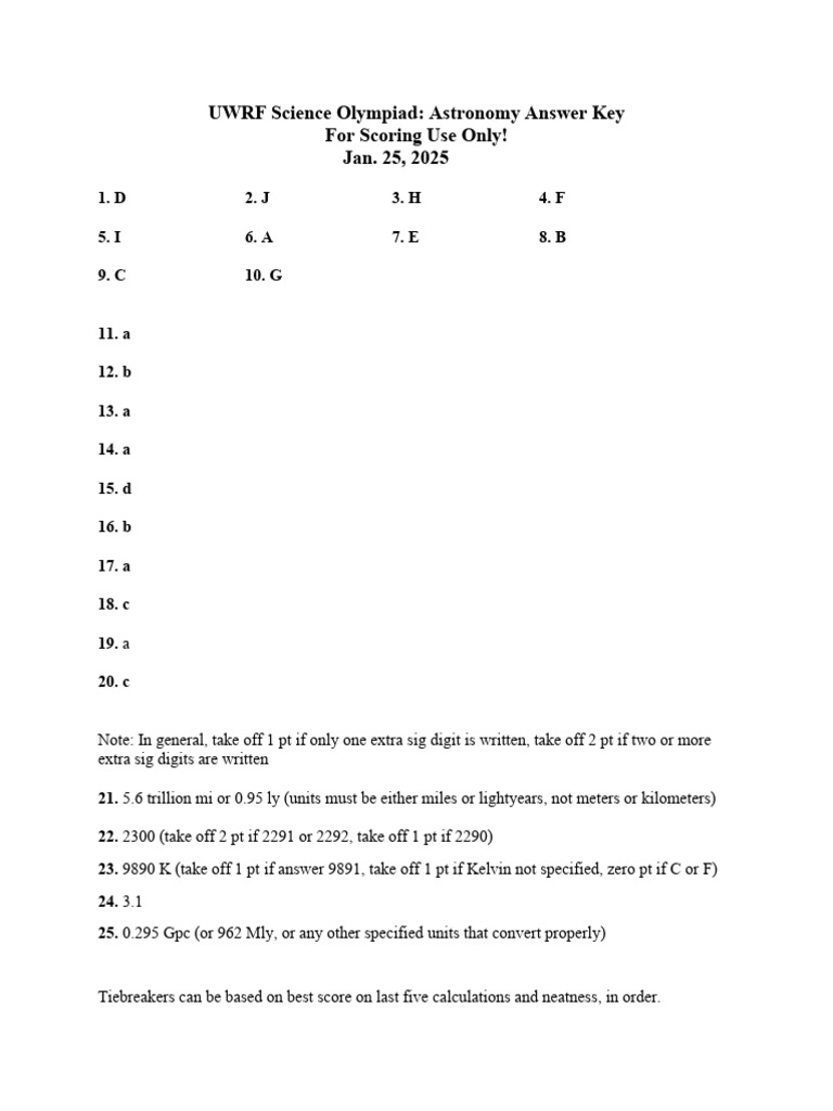 UWRF Astronomy Olympiad Answer Key | PDF