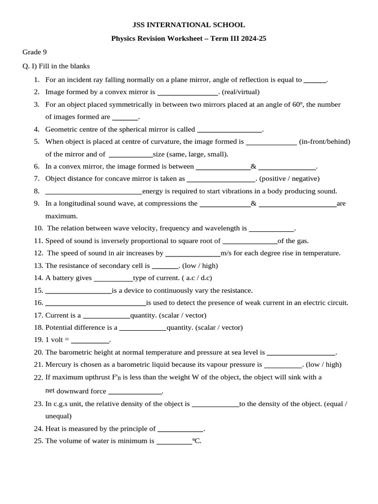 TERM 3 GRD 9 REVISION Worksheet | PDF | Buoyancy | Mirror