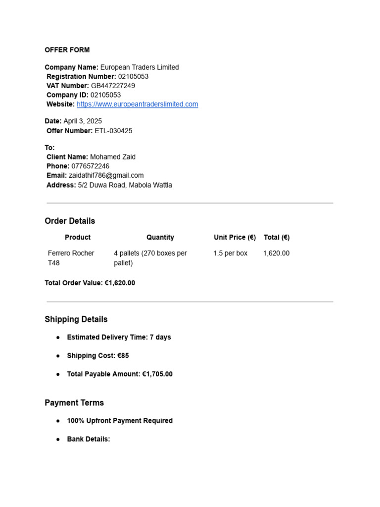 Offer Form for Ferrero Rocher Order | PDF