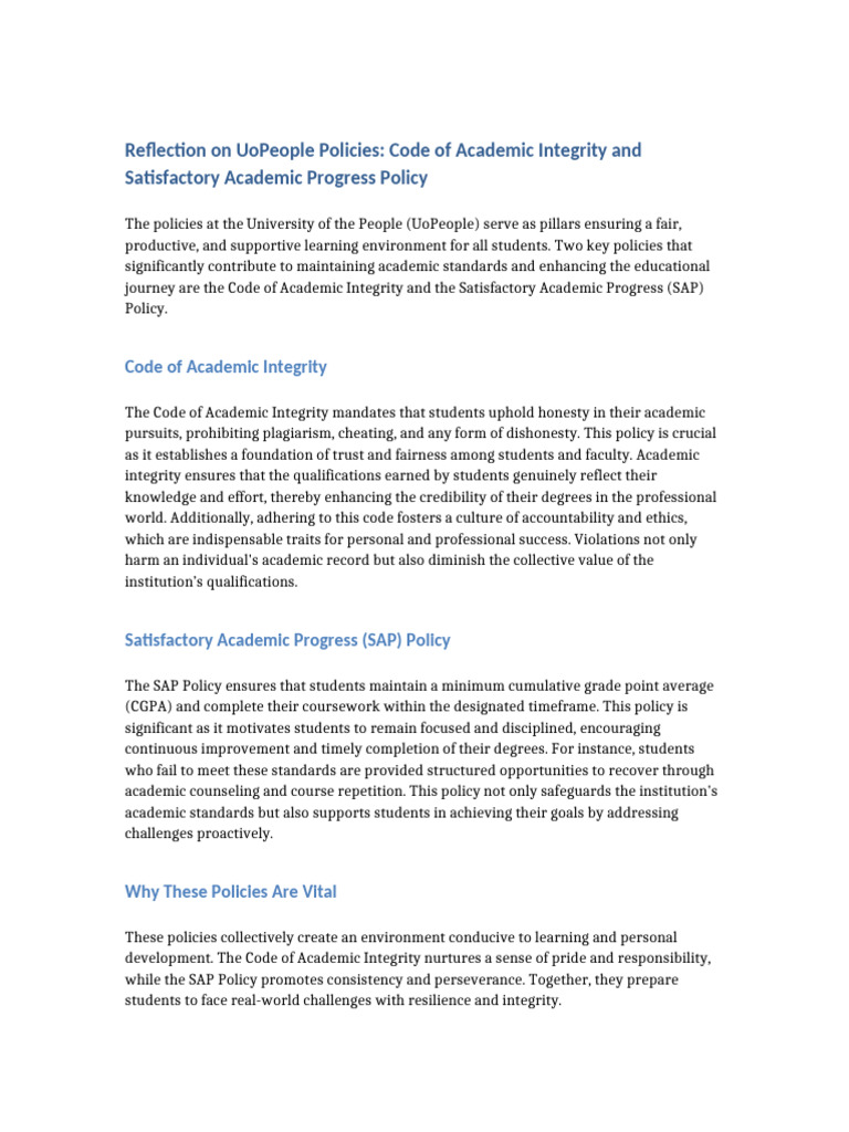 UoPeople Policies Reflection Assignment | PDF | Academic Integrity ...