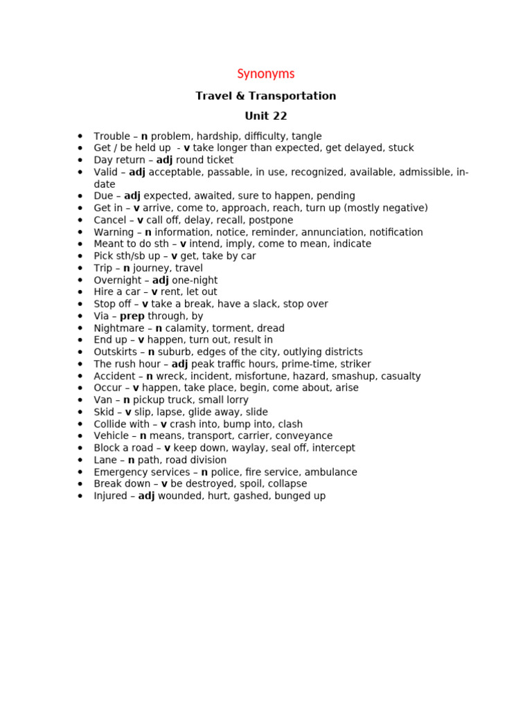 Unit 22 Travel & Transportation (Synonyms) | PDF