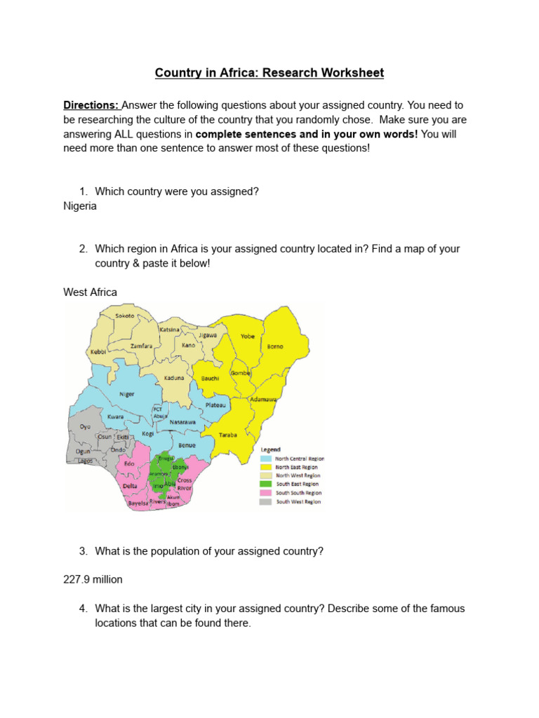 Country in Africa - Research Worksheet | PDF | Nigeria | Foods
