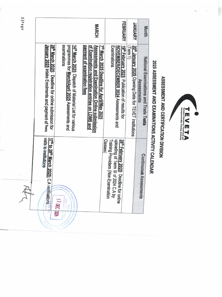 2025 Assessment and Examinations Activity Calendar | PDF