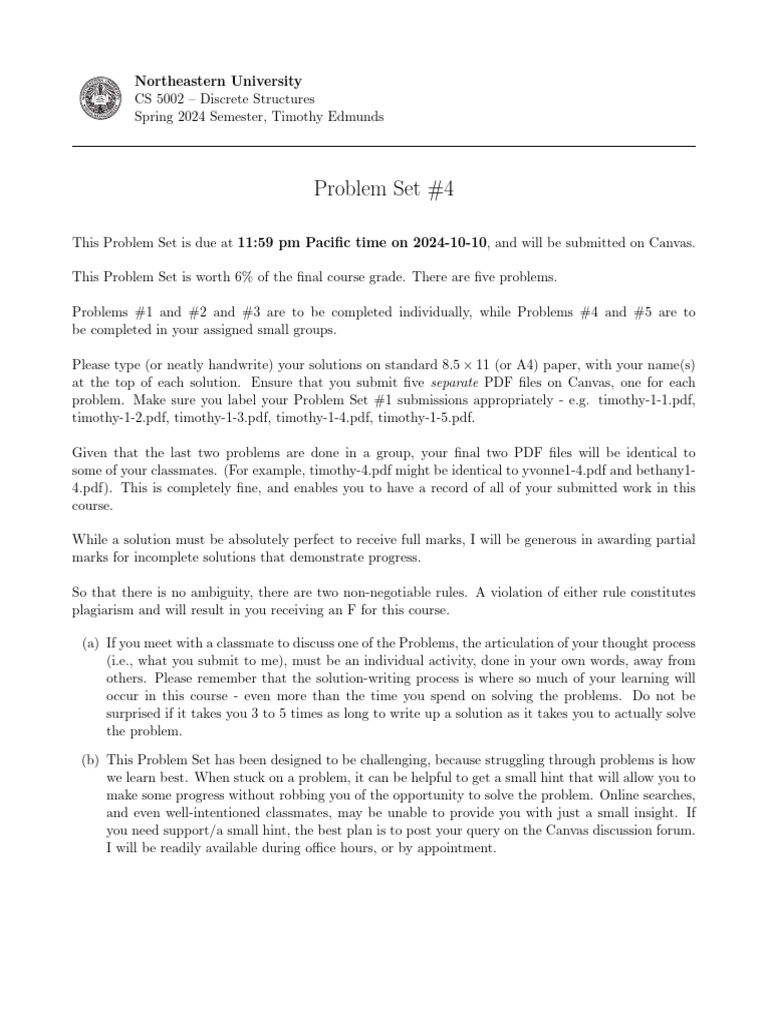 CS 5002 Discrete Structures Problem Set 4 | PDF | Sequence | Mathematics