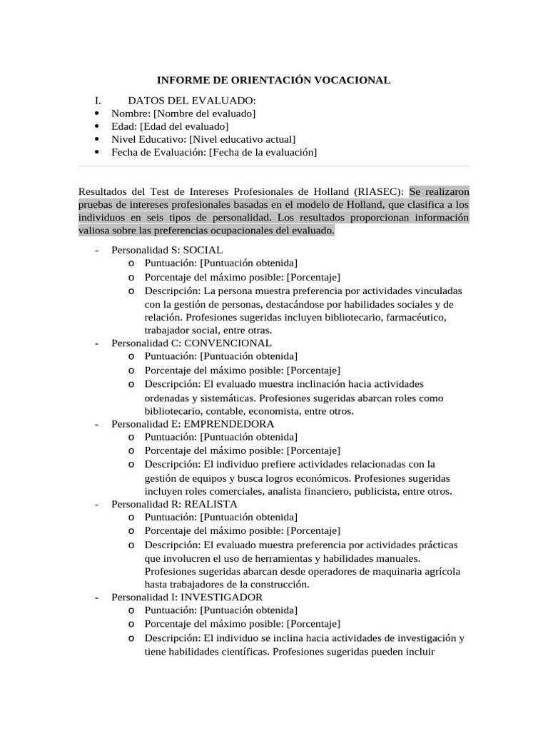 INFORME DE ORIENTACIÓN VOCACIONAL | PDF