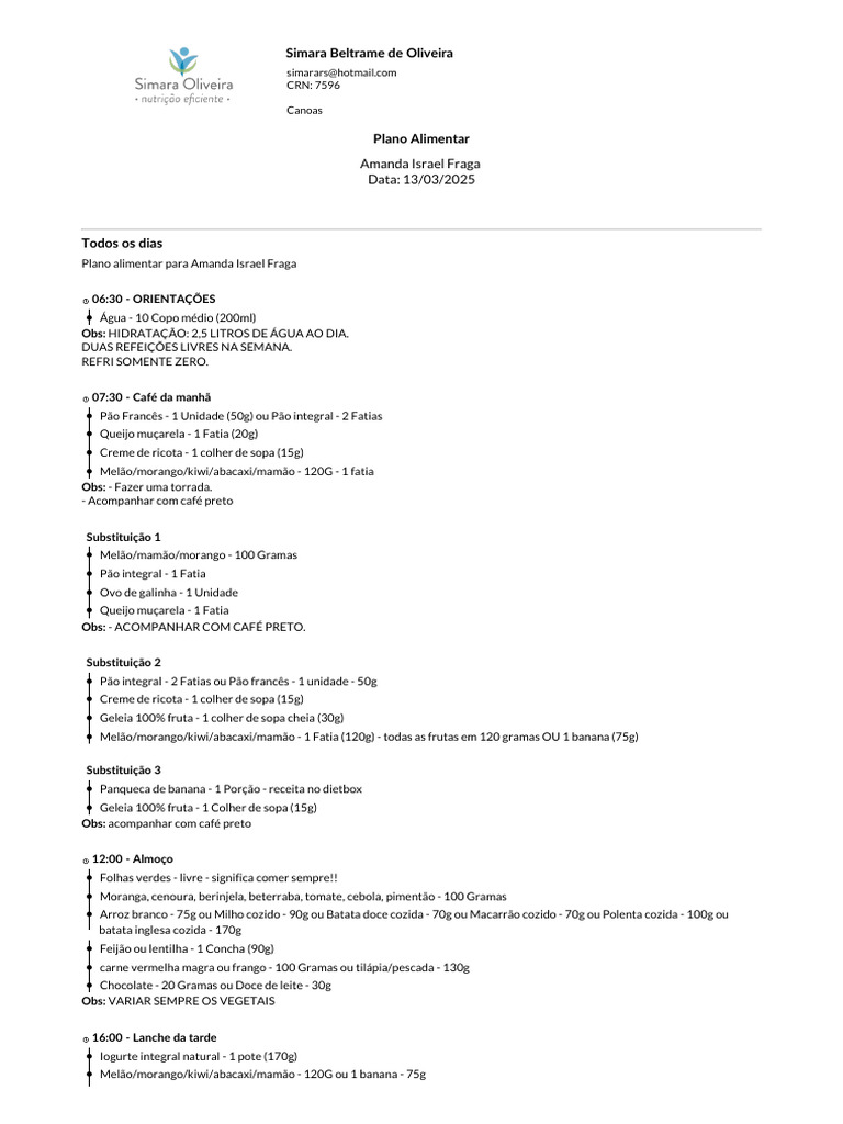 Plano Alimentar Personalizado para Amanda | PDF | Alimentos | Culinária