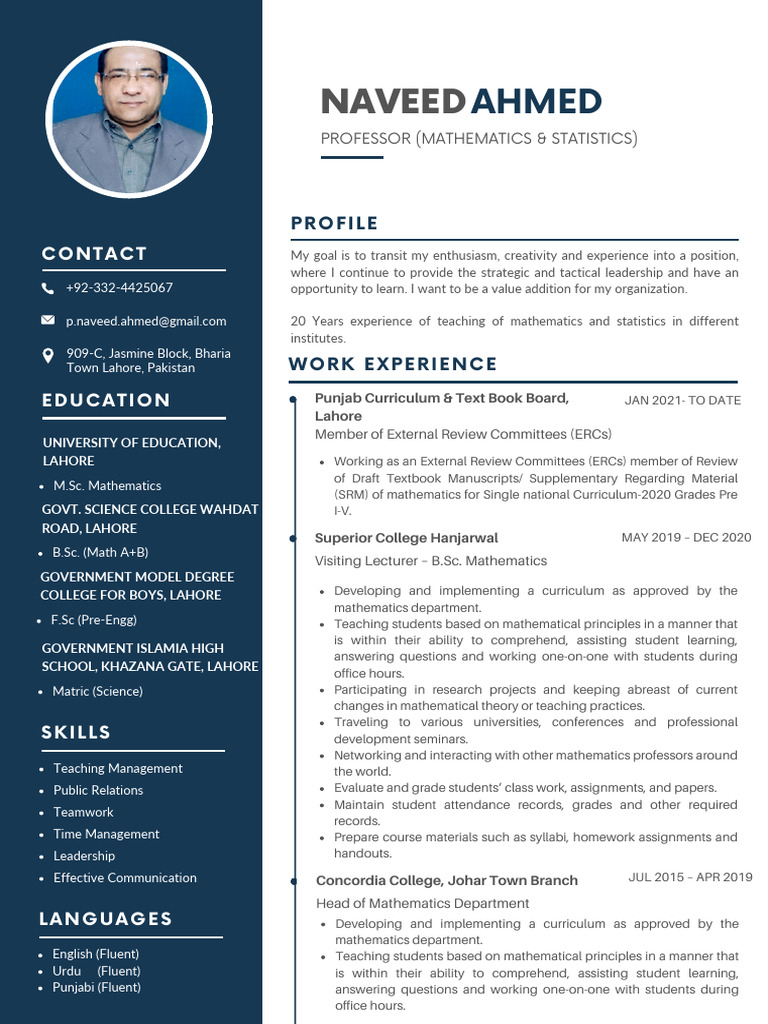 CV Sir Naveed (12-07-2024) | PDF | Curriculum | Teachers