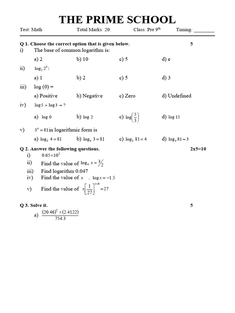 Pre 9th Math Test | PDF