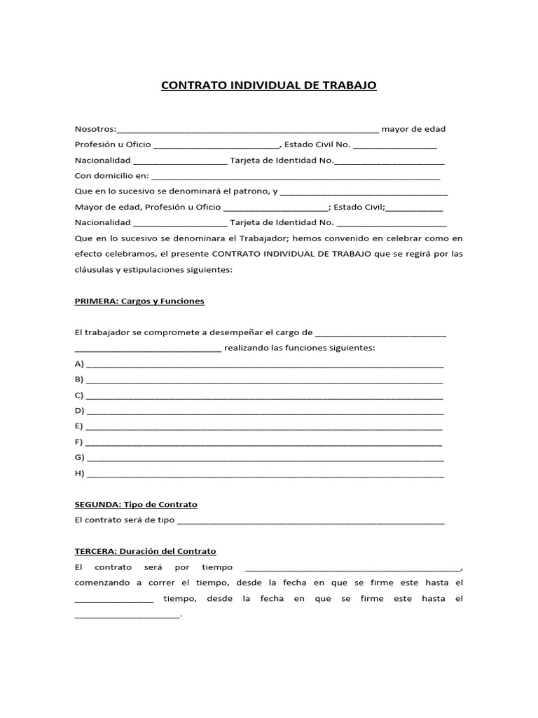 Contrato Individual de Trabajo Modelo | PDF | Tiempo de trabajo ...