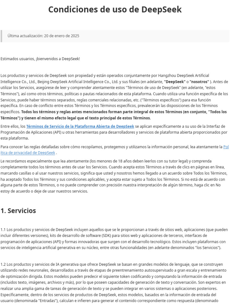 Condiciones de Uso de DeepSeek | PDF | Software de la aplicacion | Inteligencia artificial