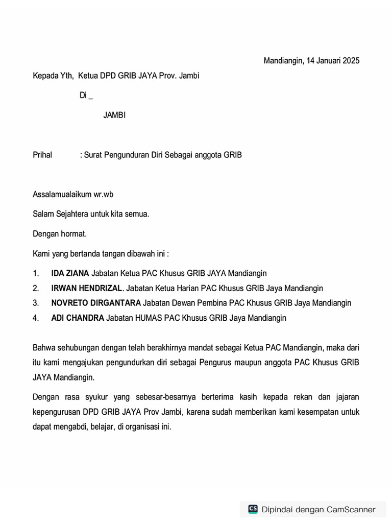Surat Pengunduran Diri Ketua PAC Khusus Grib Jaya Mandiangin | PDF