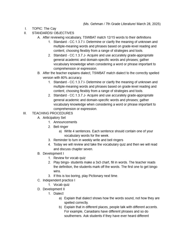The Cay Chapter 7 Lesson Plan | PDF | Reading Comprehension | Vocabulary
