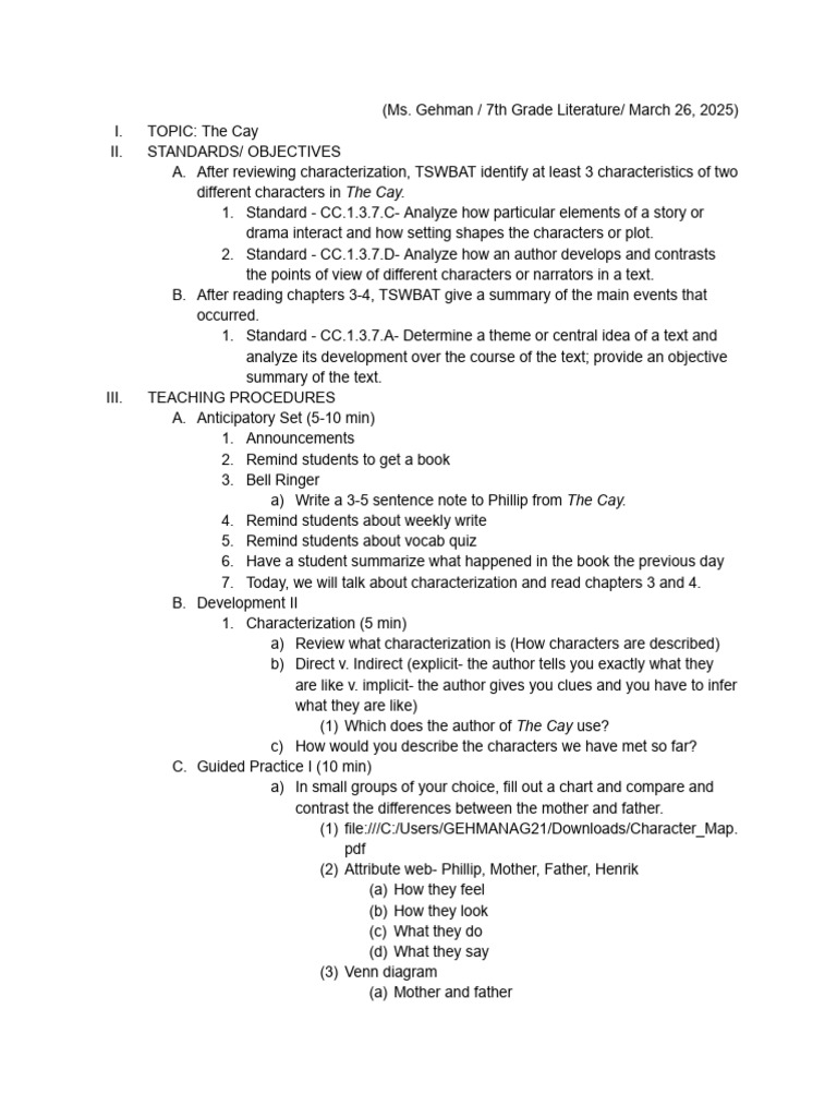 The Cay Chapter 3-4 Lesson Plan | PDF | Human Communication | Learning