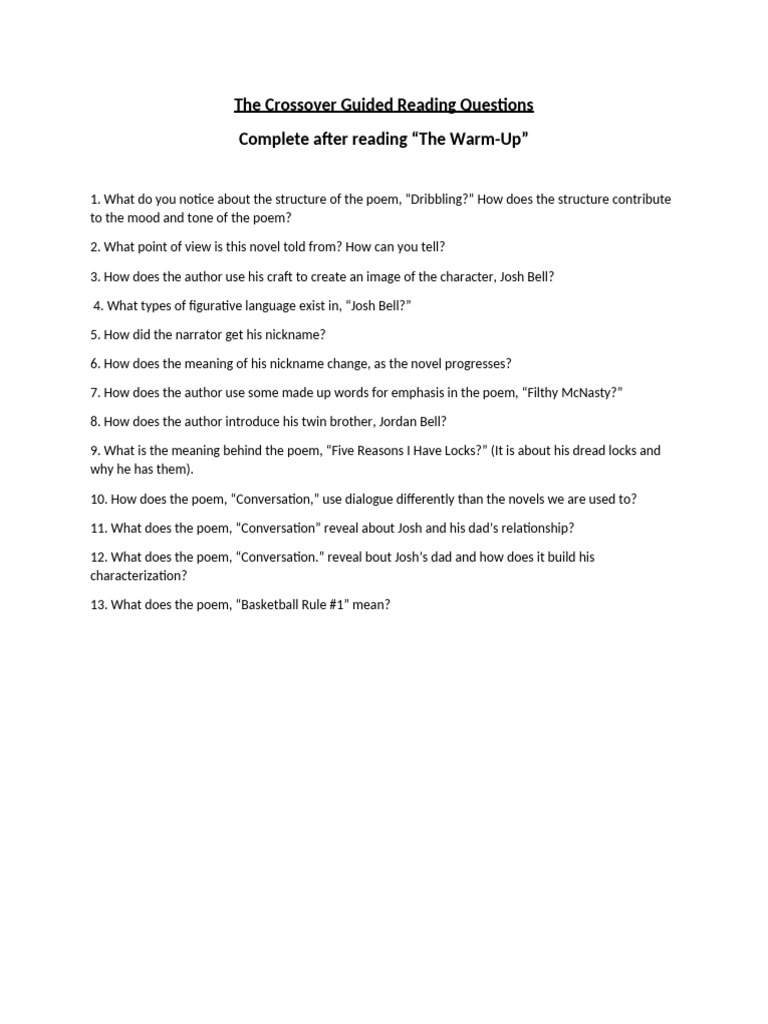 Crossover Guided Reading Questions - Warm Up | PDF