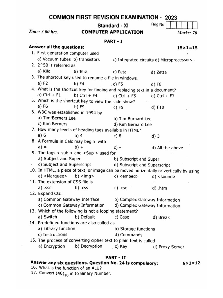 11th Computer Applications 1st Revision Test 2023 Original Question ...