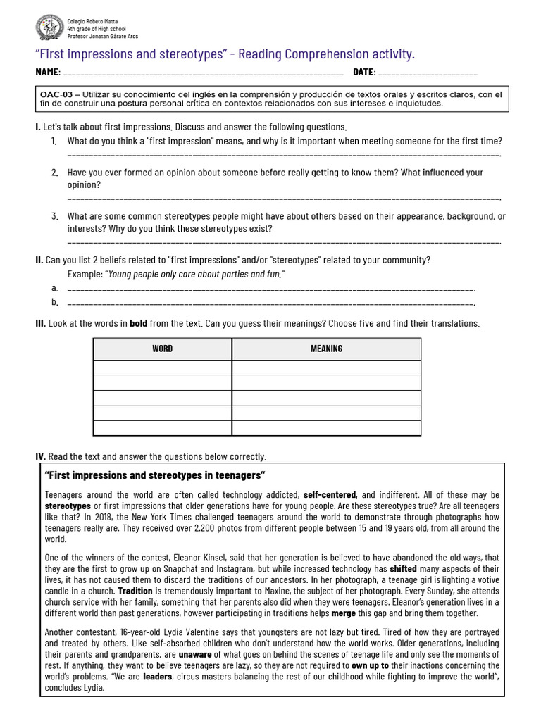 First Impressions Reading - 4th 2025 | PDF