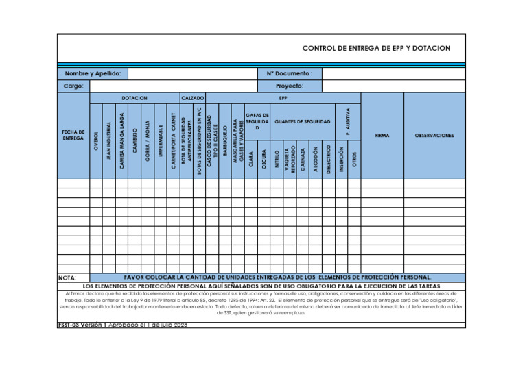 FSST-03 Control de Entrega de Epp y Dotacion | PDF