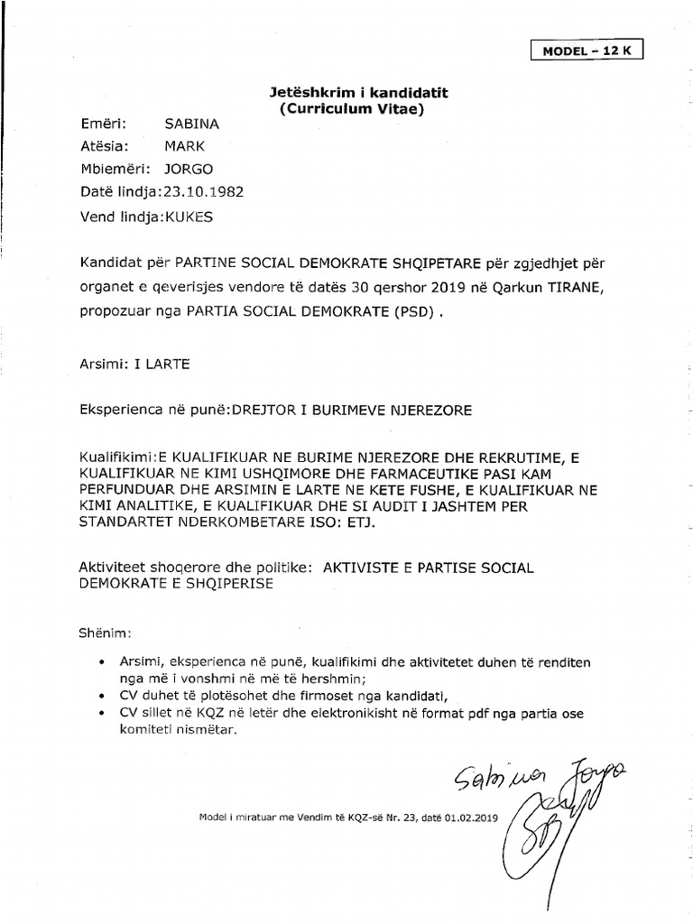PSD 38 Tirane CV Sabina Jorgo | PDF