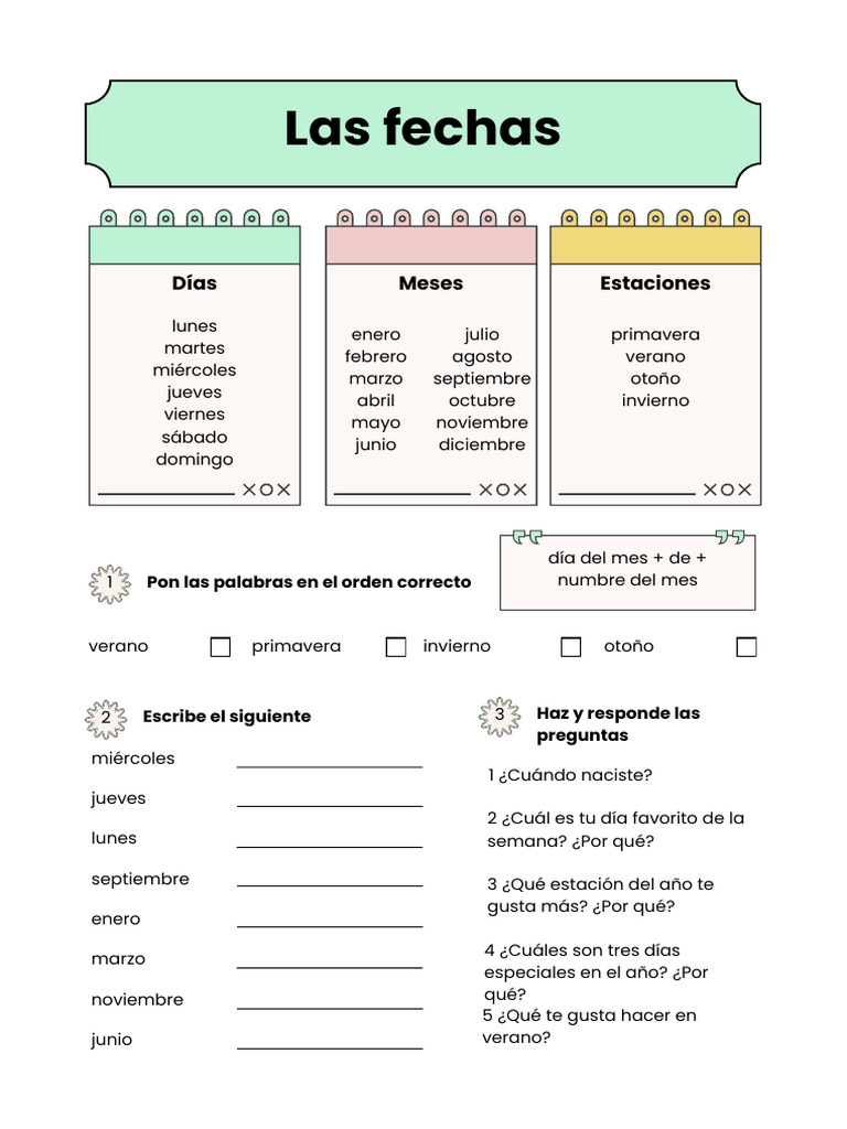Colorido Español Las Fechas Ficha de Ejercicios | PDF