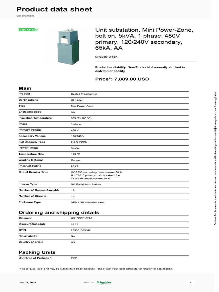 Schneider Electric - Mini-PowerZone-LV-Substation - MPZB5S40F65K | PDF | Transformer | Electricity