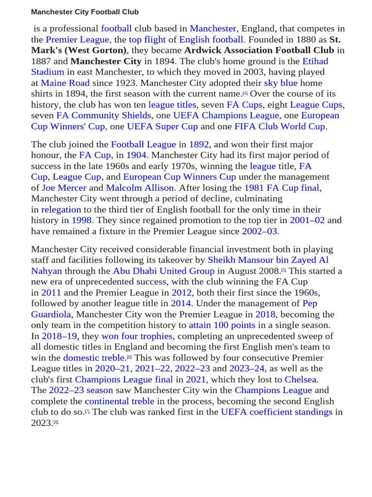 Manchester City FC: History & Achievements | PDF | Association Football ...