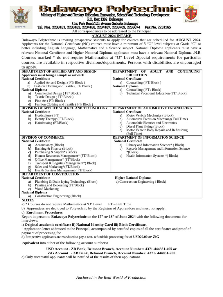 Bulawayo Polytechnic August 2024 Intake | PDF | Diploma