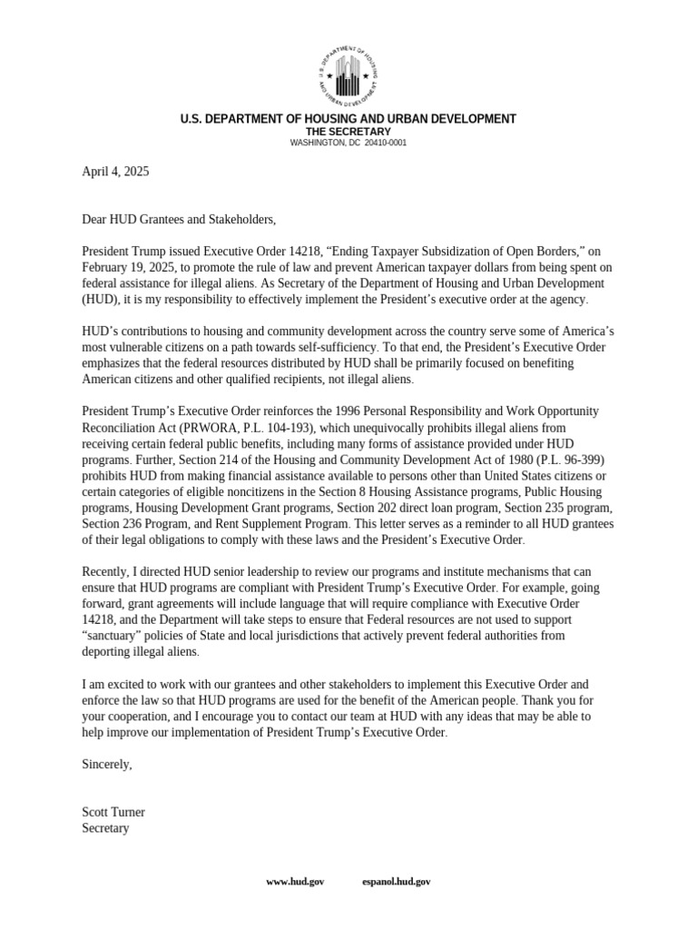 HUD Compliance with Executive Order 14218 | PDF | United States ...