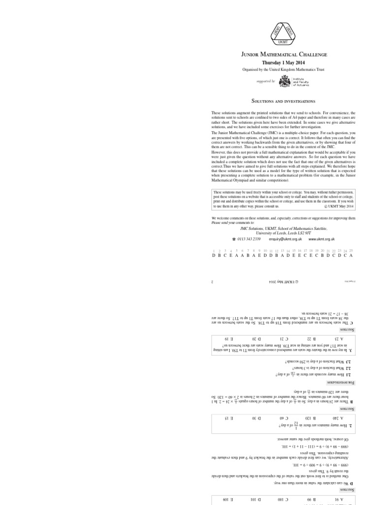 2014 JMC Answers - Booklet | PDF | Triangle | Elementary Mathematics
