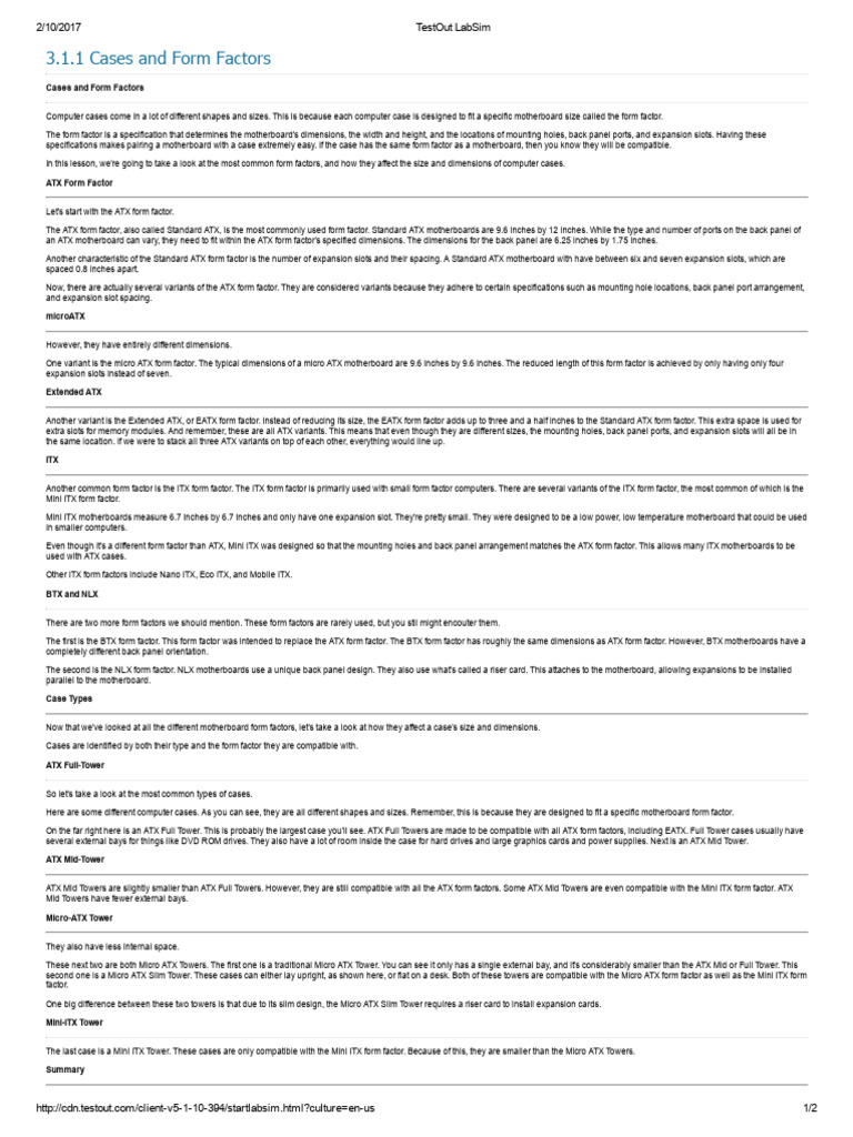 3.1.1 TestOut LabSim Motherboards - CAses and Form Factors | PDF ...