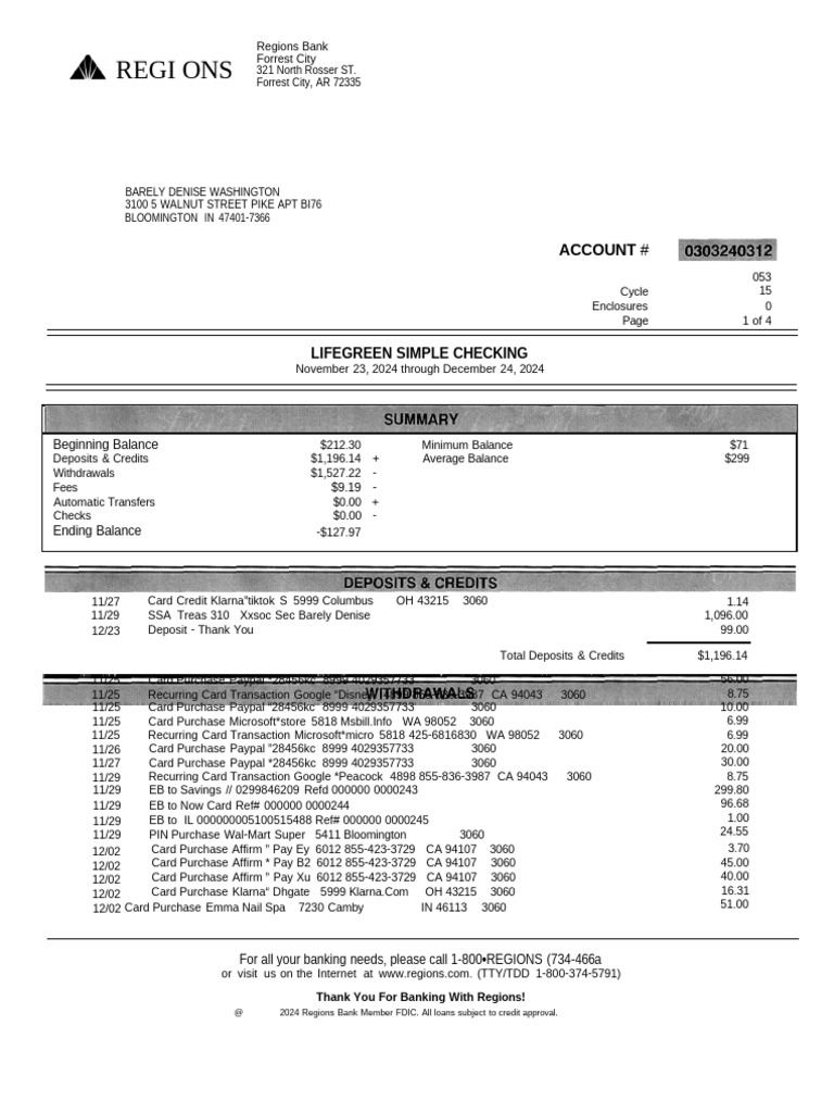 Regions Bank Account Statement Summary | PDF | Banks | Overdraft