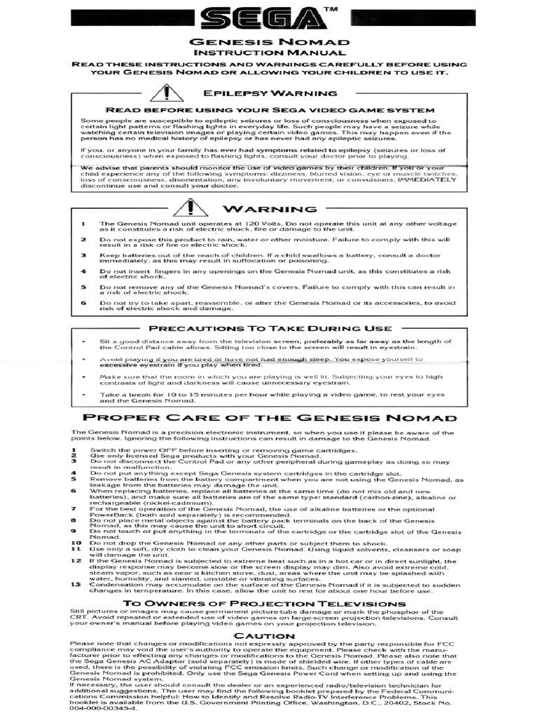 Sega Genesis Nomad Manual | PDF