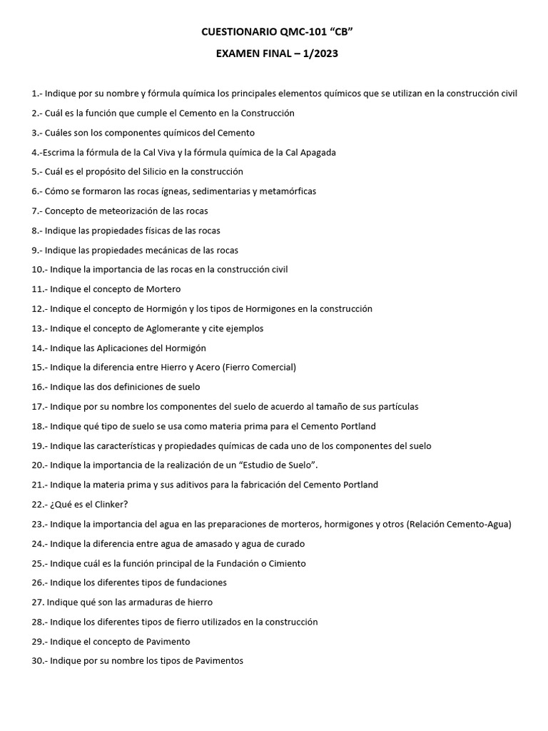 Cuestionario Qmc 101 Examen Final | PDF | Hormigón | Cemento