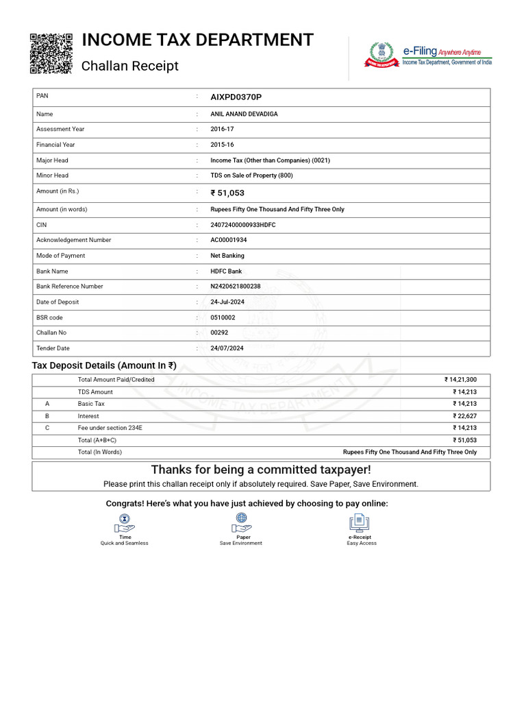 Income Tax Challan Receipt 2016-17 | PDF | Taxes | Taxation