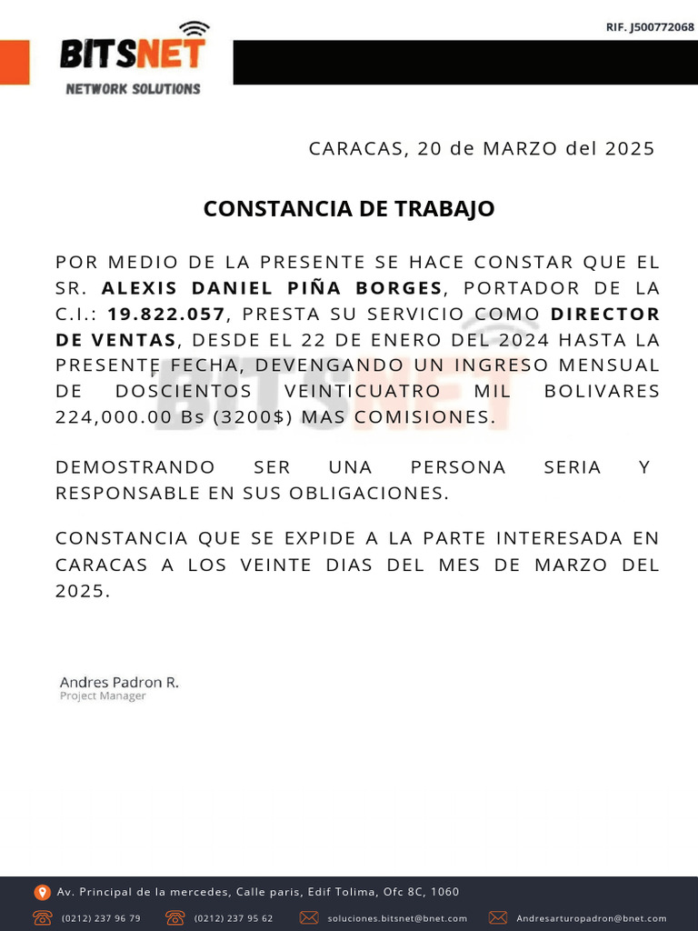POR MEDIO DE LA PRESENTE SE HACE CONSTAR QUE EL SR. ALEXIS DANIEL PIÑA ...