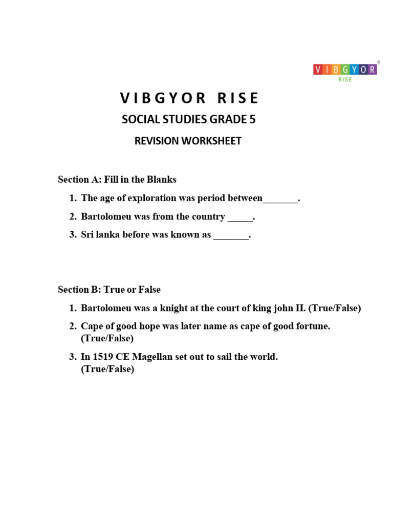 Grade 5 Social Studies Revision Worksheet | PDF