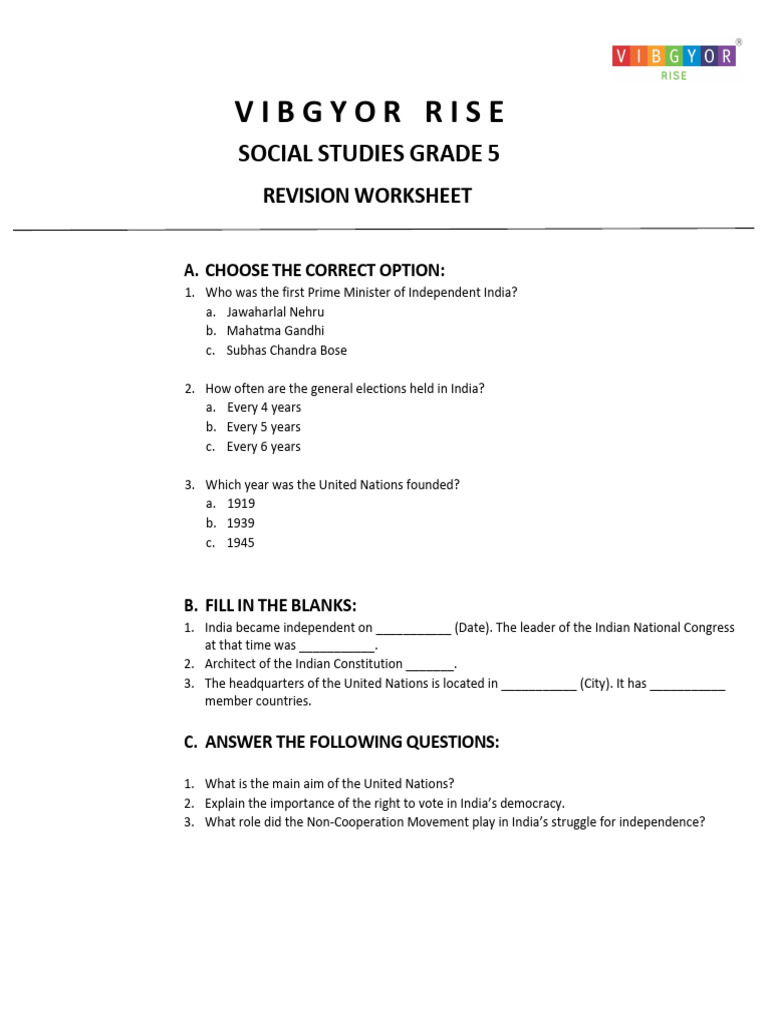 Grade V SST Revision Worksheet | PDF