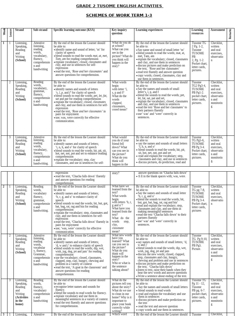 Grade 2 Term 1 English Schemes v2 | PDF | Reading Comprehension | Fluency