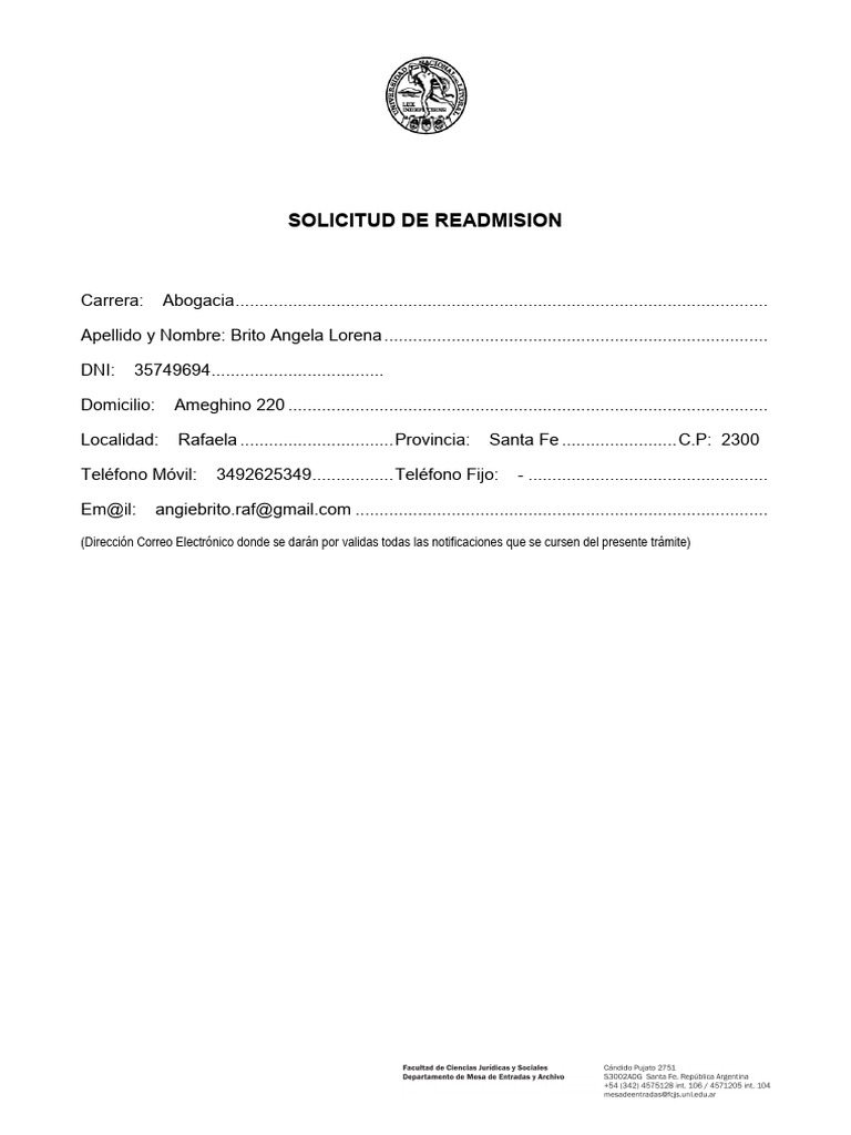 Formulario SOLICITUD READMISION 1 | PDF