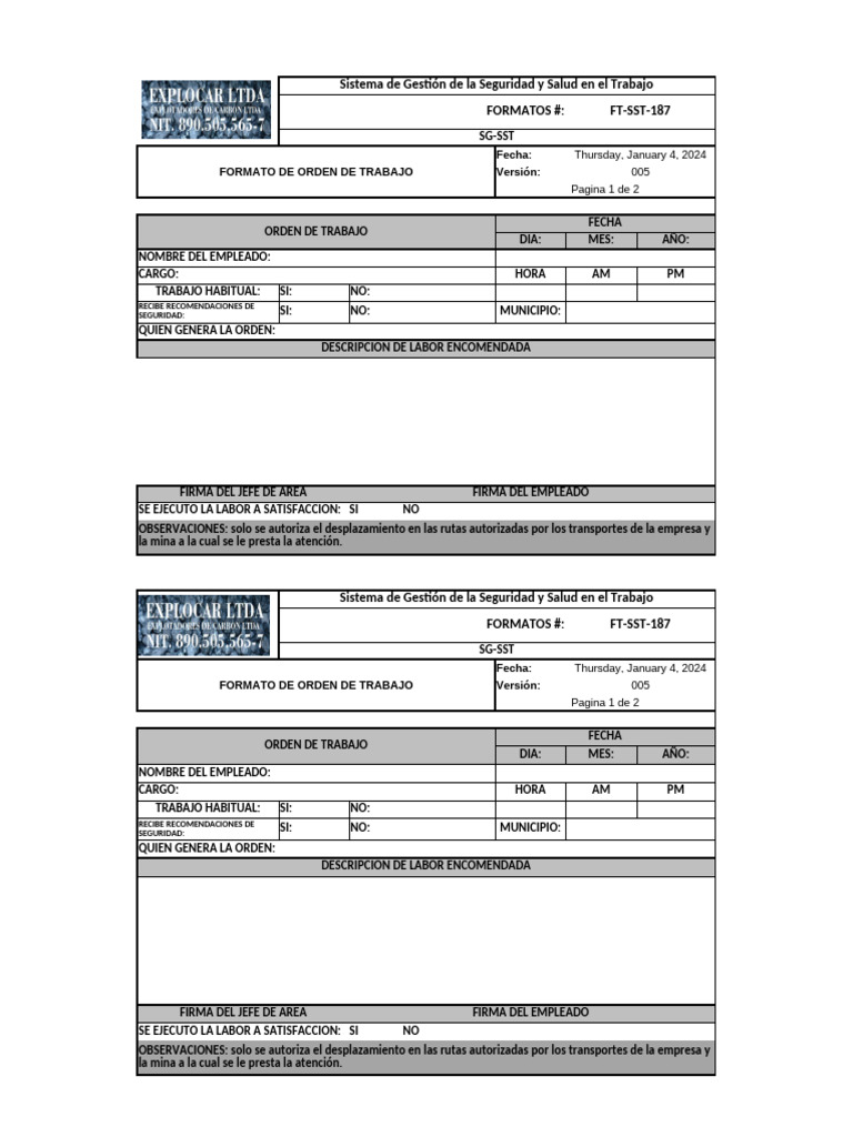 Formato Orden Trabajo | PDF