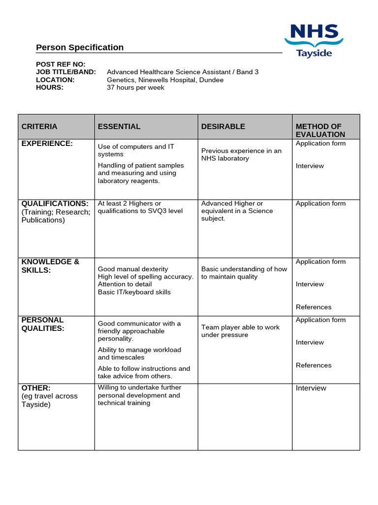 Band 3 PERSON SPECIFICATION - New Template 2018 | PDF | Health Care