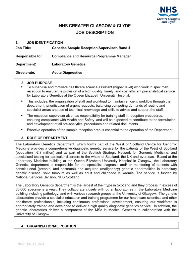 GGC 200162 Job Description | PDF | Medical Laboratory | Health Care