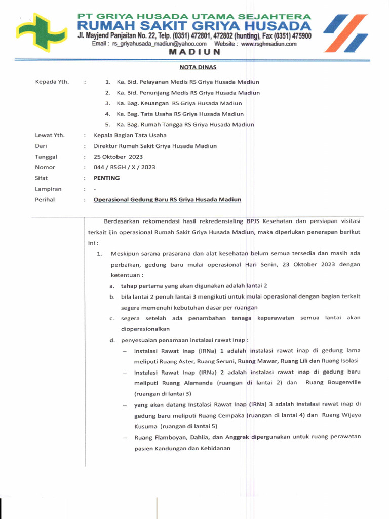 Nota Dinas Operasional Gedung Baru RSGH | PDF