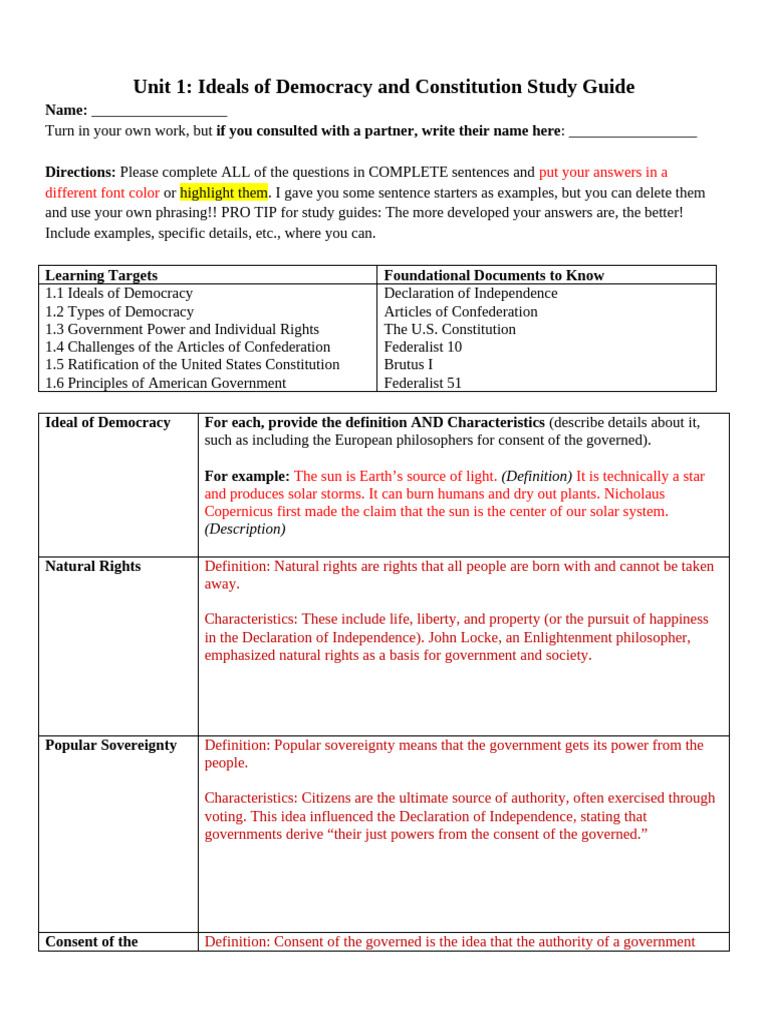 2024 Unit 1 Constitution Study Guide | PDF | Article One Of The United ...